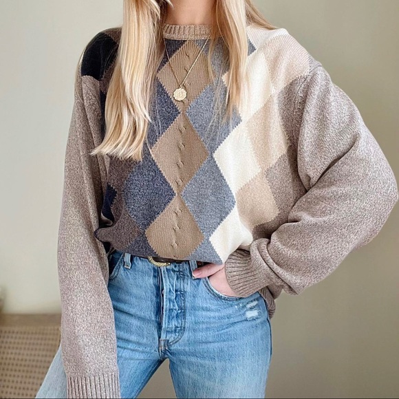 Dockers | Sweaters | Vintage Marled Argyle Patchwork Cable Knit ...